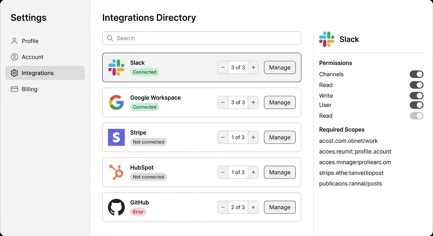 Integrations directory design that scales from 3 to 30 apps | Koder.ai