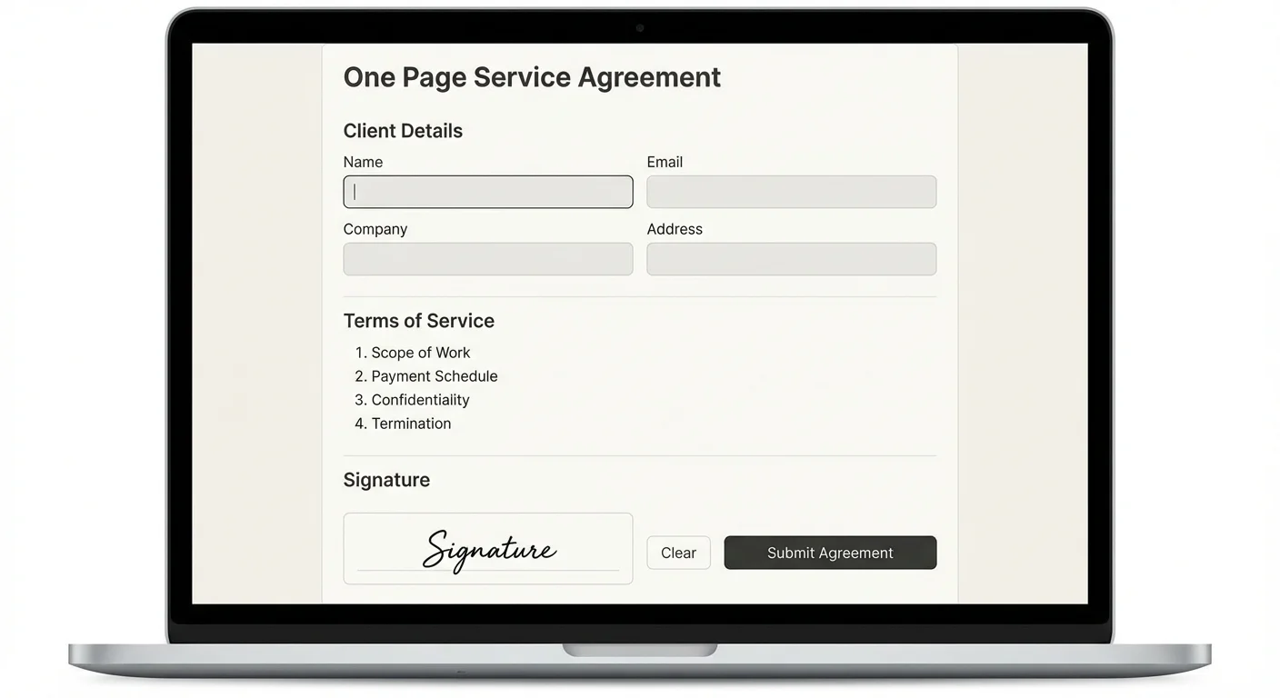 One-page service agreement builder for fast client sign-off | Koder.ai